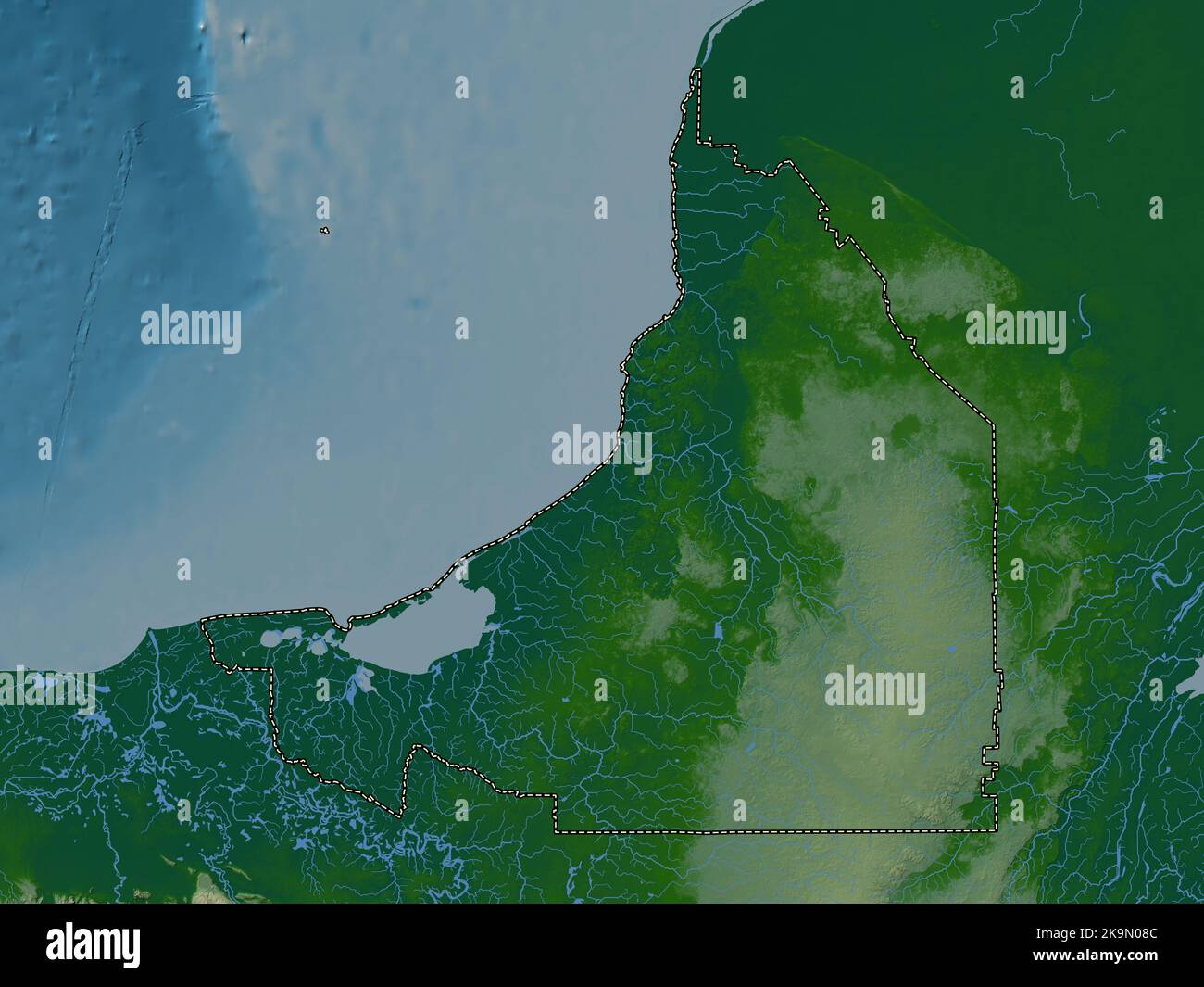 Campeche, state of Mexico. Colored elevation map with lakes and rivers ...