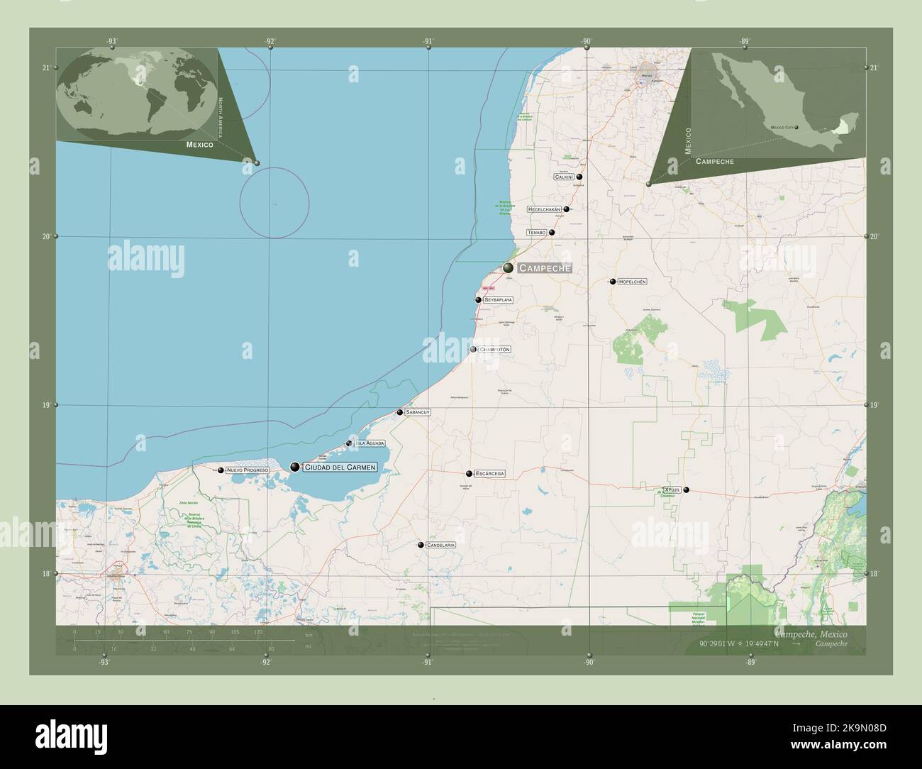 Campeche, state of Mexico. Open Street Map. Locations and names of ...