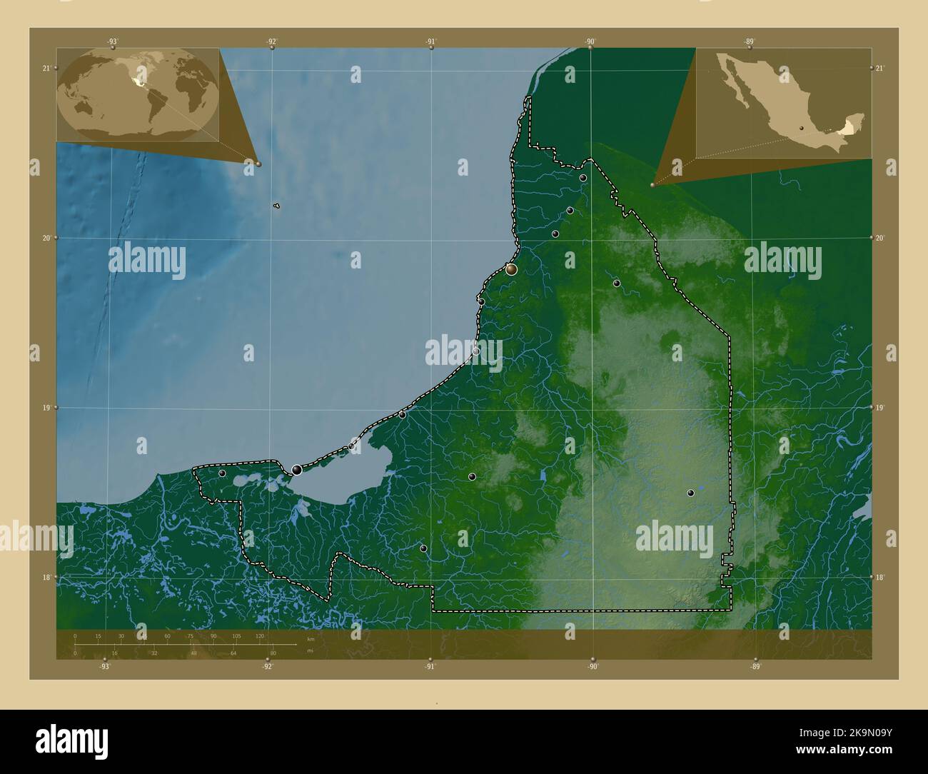 Campeche, state of Mexico. Colored elevation map with lakes and rivers. Locations of major ...