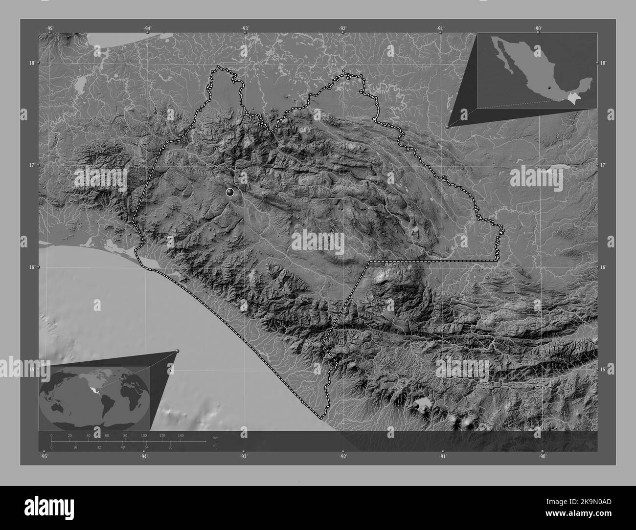 Chiapas, state of Mexico. Bilevel elevation map with lakes and rivers ...