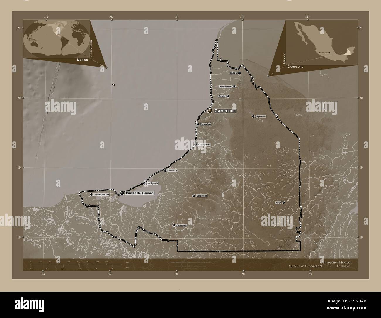 Campeche, state of Mexico. Elevation map colored in sepia tones with ...