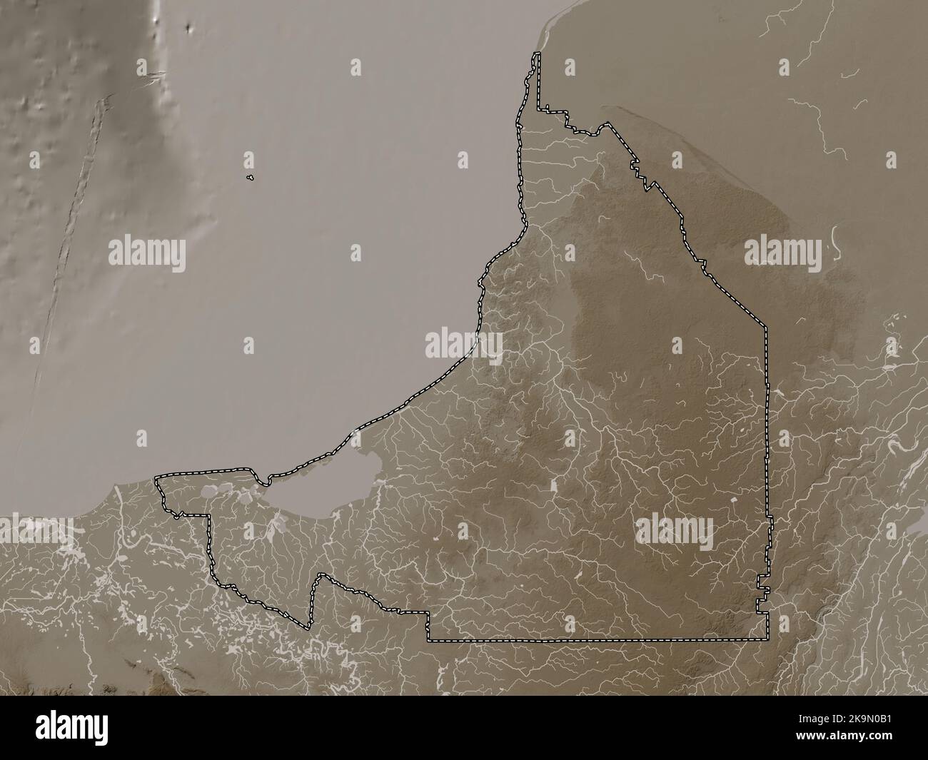 Campeche, state of Mexico. Elevation map colored in sepia tones with ...
