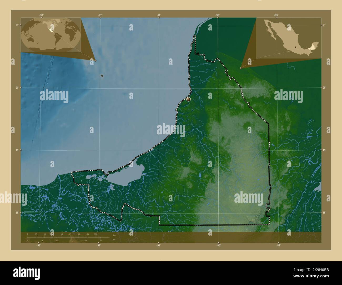 Campeche, state of Mexico. Colored elevation map with lakes and rivers ...