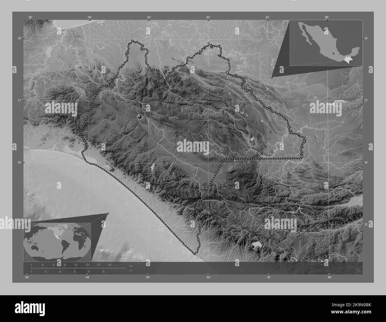 Chiapas, state of Mexico. Grayscale elevation map with lakes and rivers ...