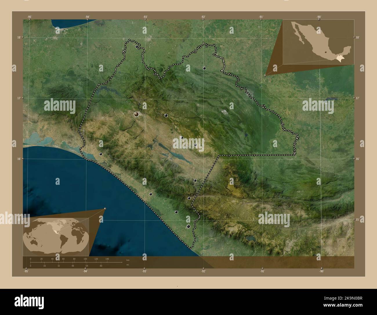 Chiapas, state of Mexico. Low resolution satellite map. Locations of ...