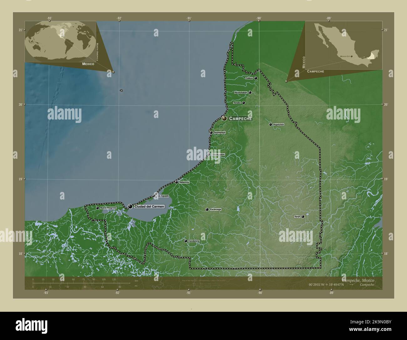 Campeche, state of Mexico. Elevation map colored in wiki style with ...