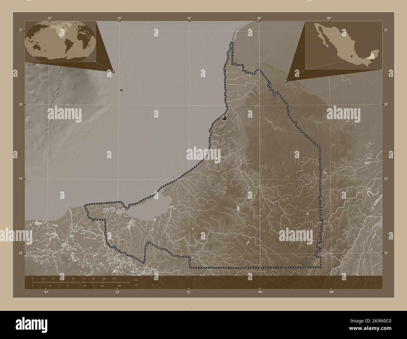 Campeche, state of Mexico. Elevation map colored in sepia tones with ...