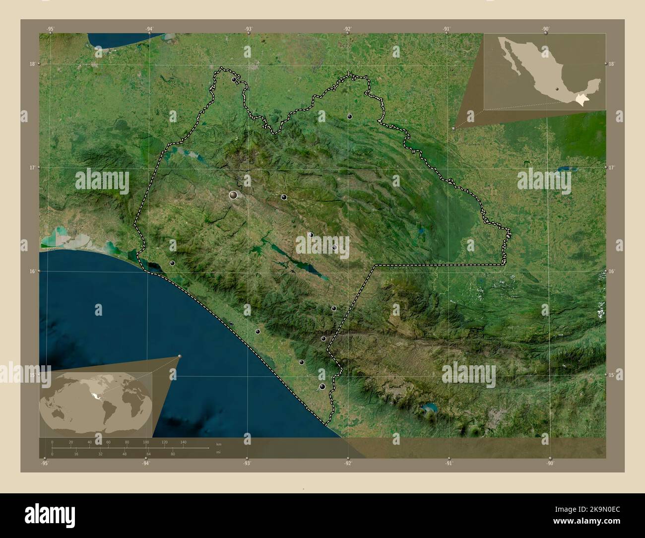 Chiapas, state of Mexico. High resolution satellite map. Locations of ...