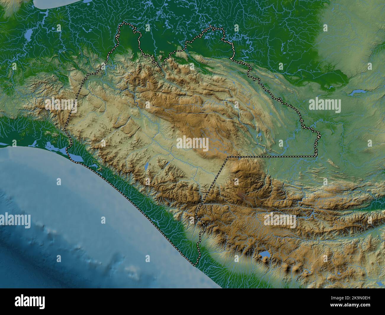 Chiapas, state of Mexico. Colored elevation map with lakes and rivers ...