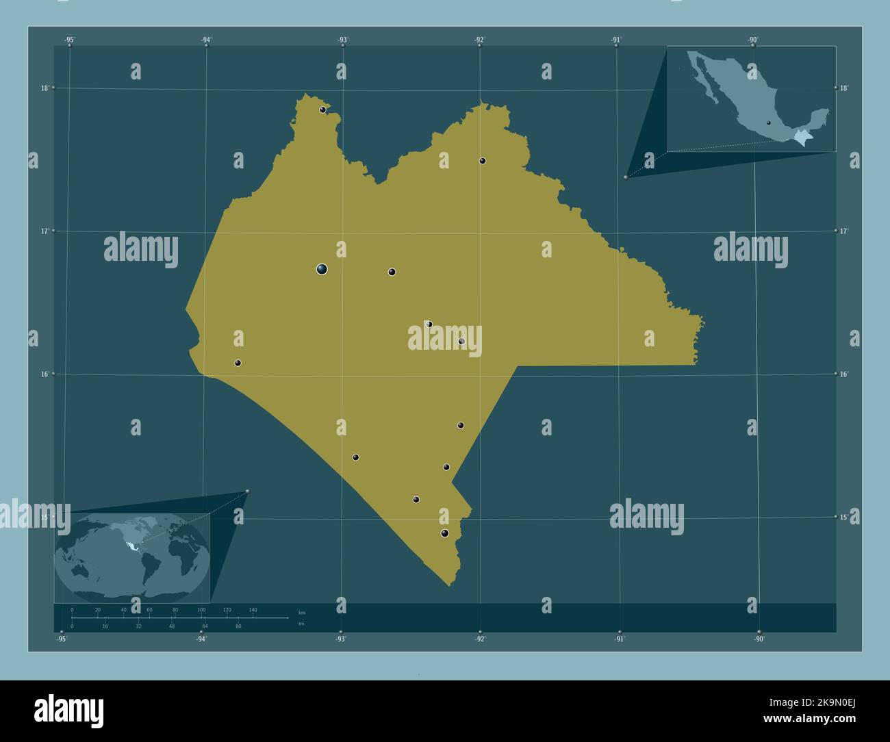 Chiapas, state of Mexico. Solid color shape. Locations of major cities ...