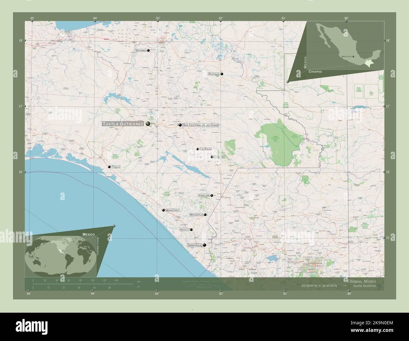 Chiapas, state of Mexico. Open Street Map. Locations and names of major ...