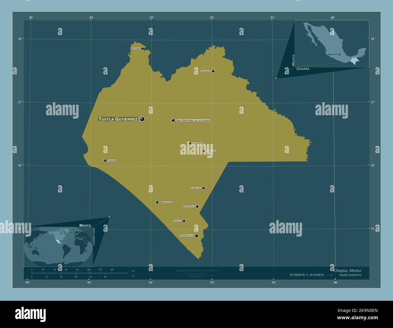Chiapas, state of Mexico. Solid color shape. Locations and names of ...