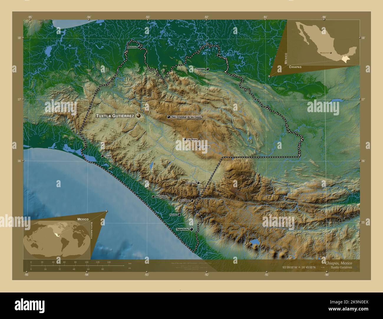 Chiapas, state of Mexico. Colored elevation map with lakes and rivers ...