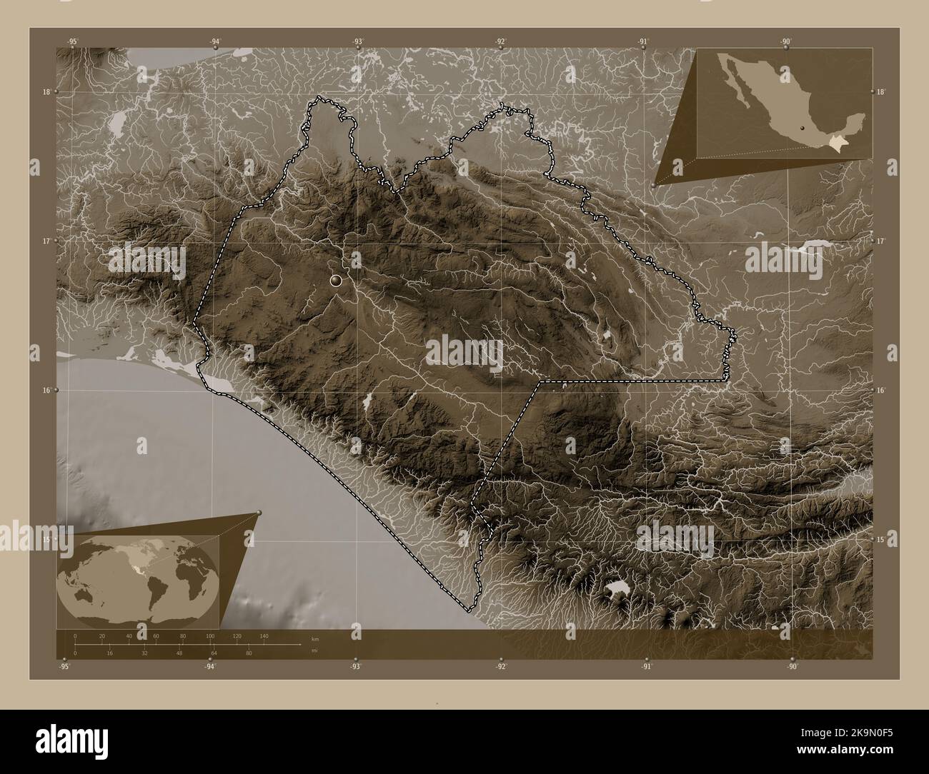 Chiapas, state of Mexico. Elevation map colored in sepia tones with ...