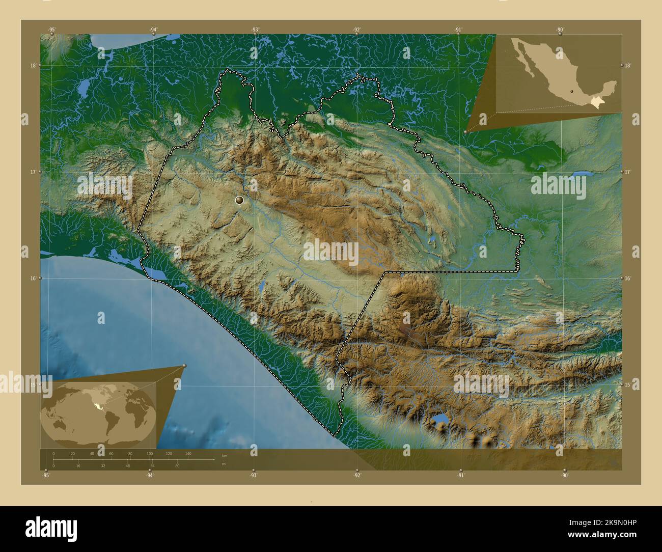 Chiapas, state of Mexico. Colored elevation map with lakes and rivers ...