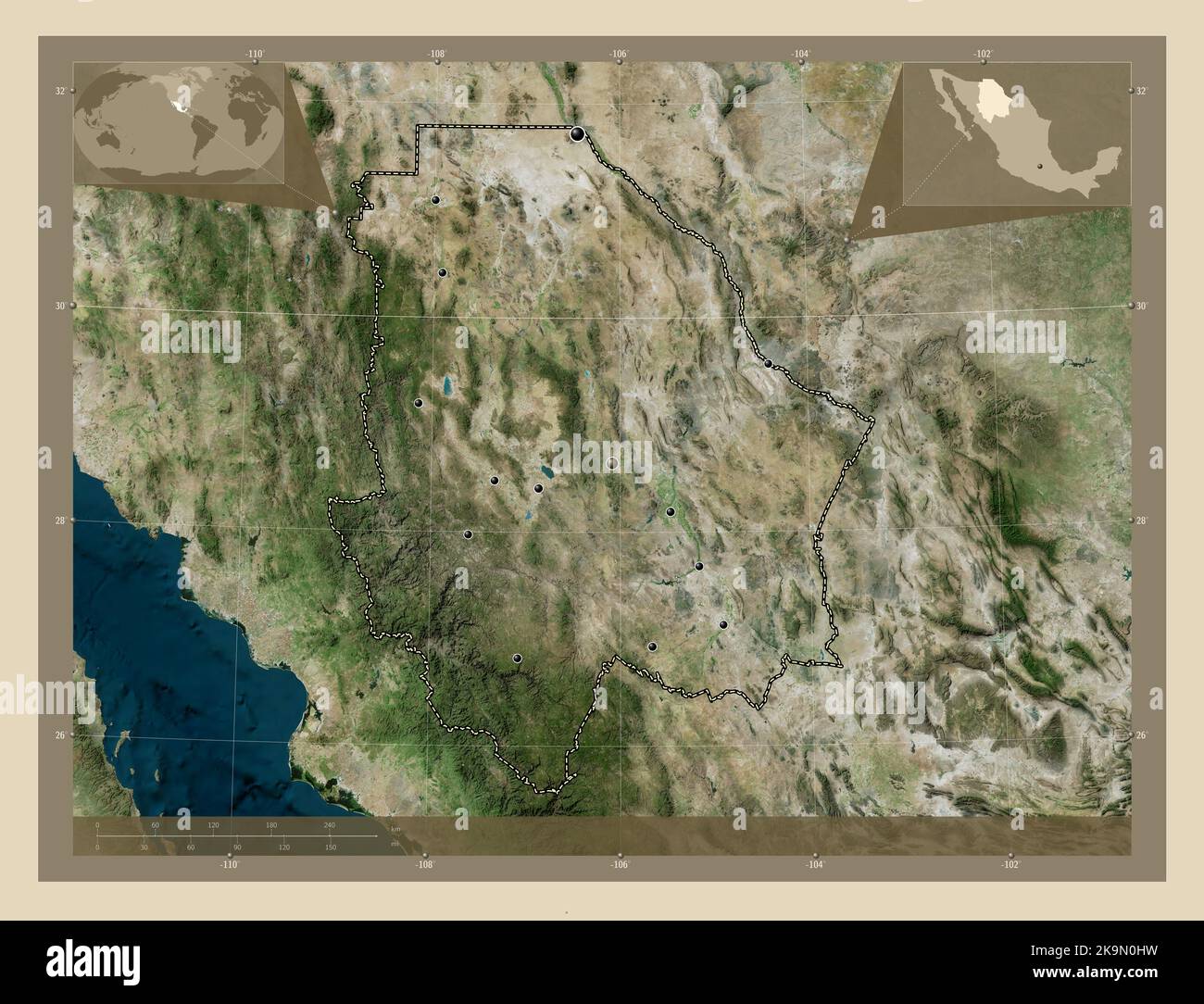 Chihuahua, state of Mexico. High resolution satellite map. Locations of major cities of the ...