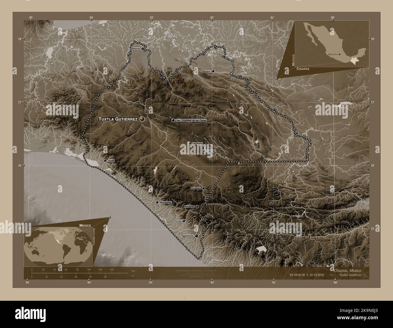 Chiapas, state of Mexico. Elevation map colored in sepia tones with ...