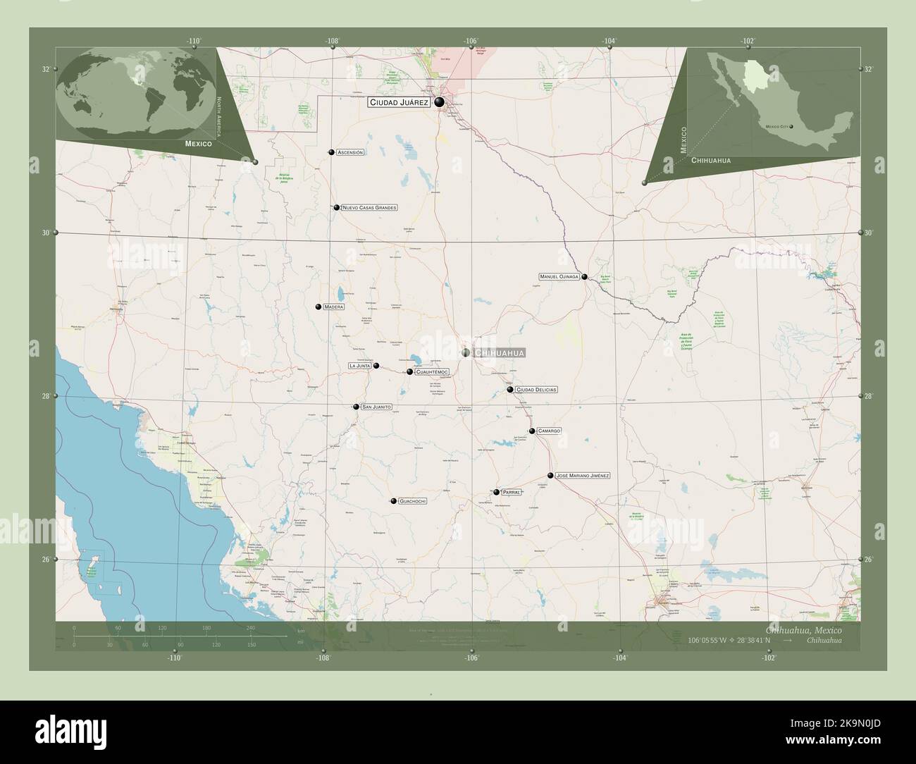 Chihuahua, state of Mexico. Open Street Map. Locations and names of ...