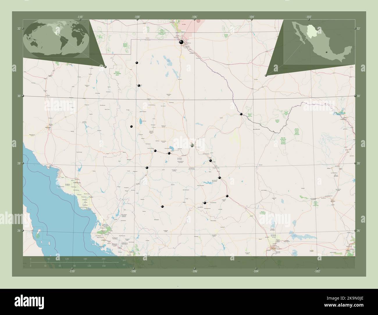 Chihuahua, state of Mexico. Open Street Map. Locations of major cities ...