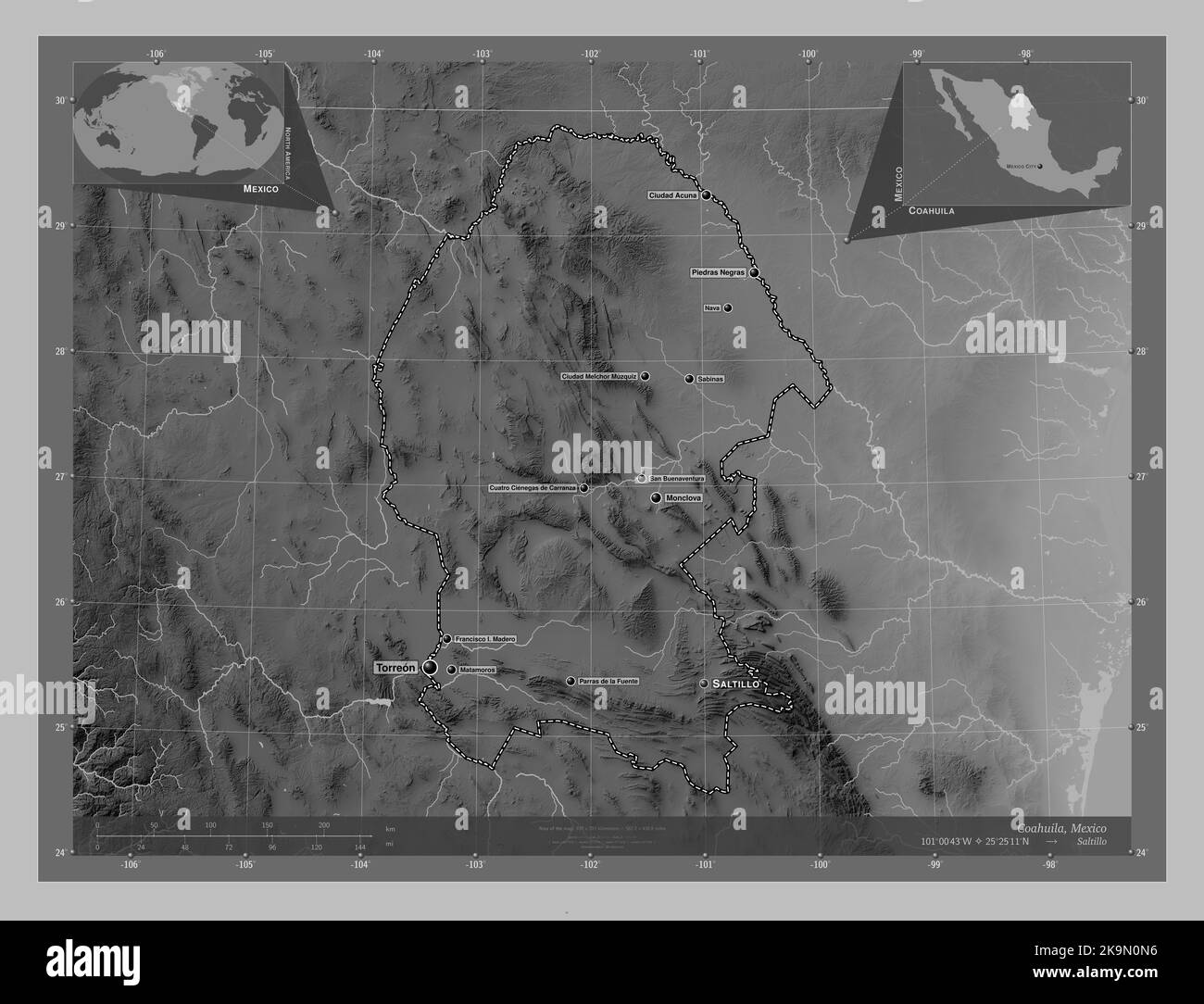 Coahuila, state of Mexico. Grayscale elevation map with lakes and ...