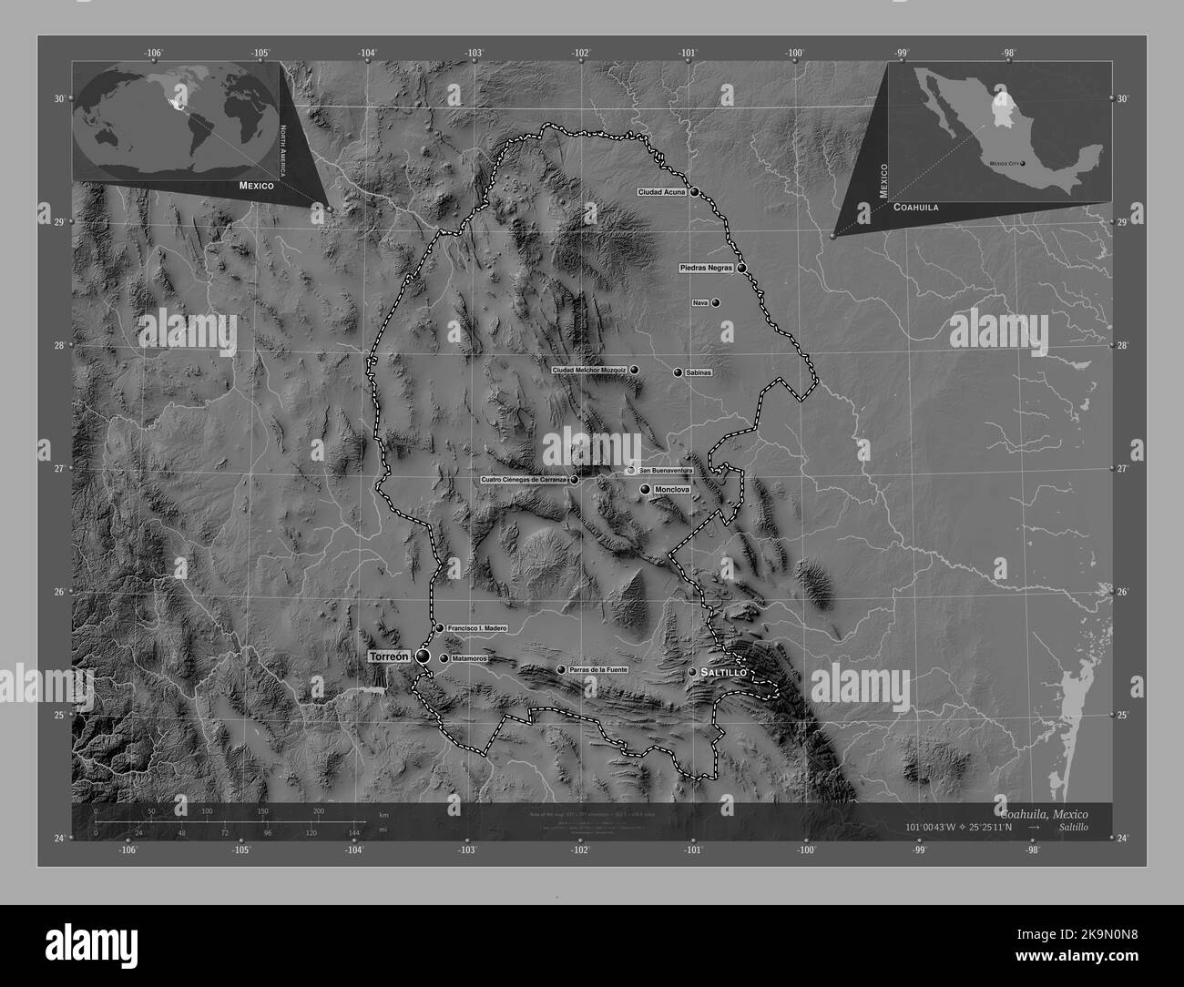 Coahuila, state of Mexico. Bilevel elevation map with lakes and rivers ...