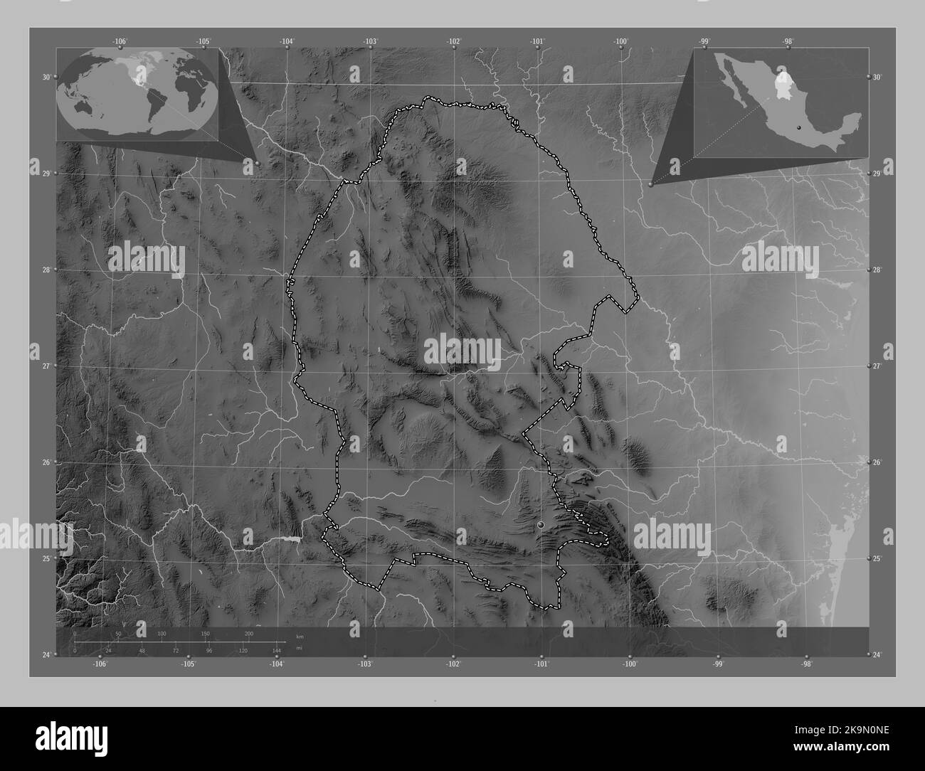 Coahuila, state of Mexico. Grayscale elevation map with lakes and ...