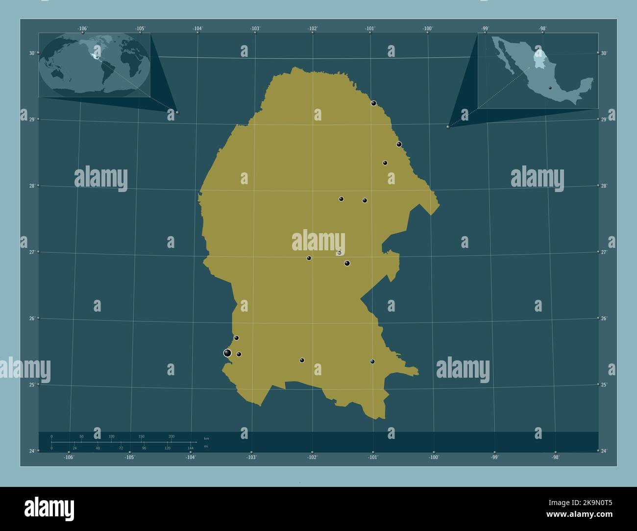 Coahuila, state of Mexico. Solid color shape. Locations of major cities ...