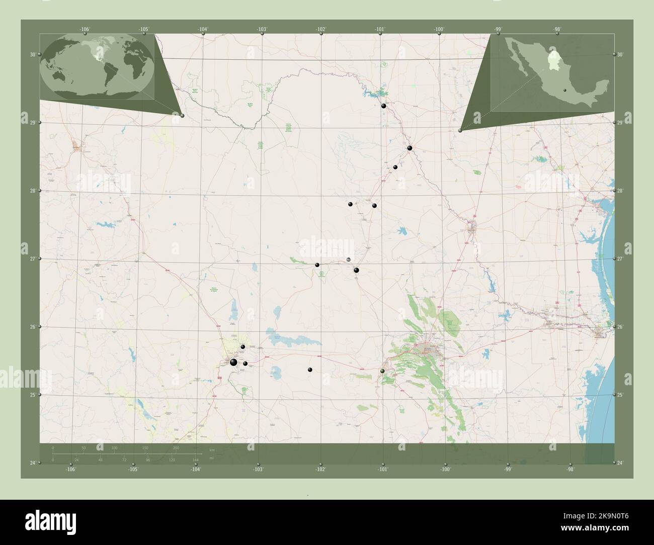 Coahuila, state of Mexico. Open Street Map. Locations of major cities ...