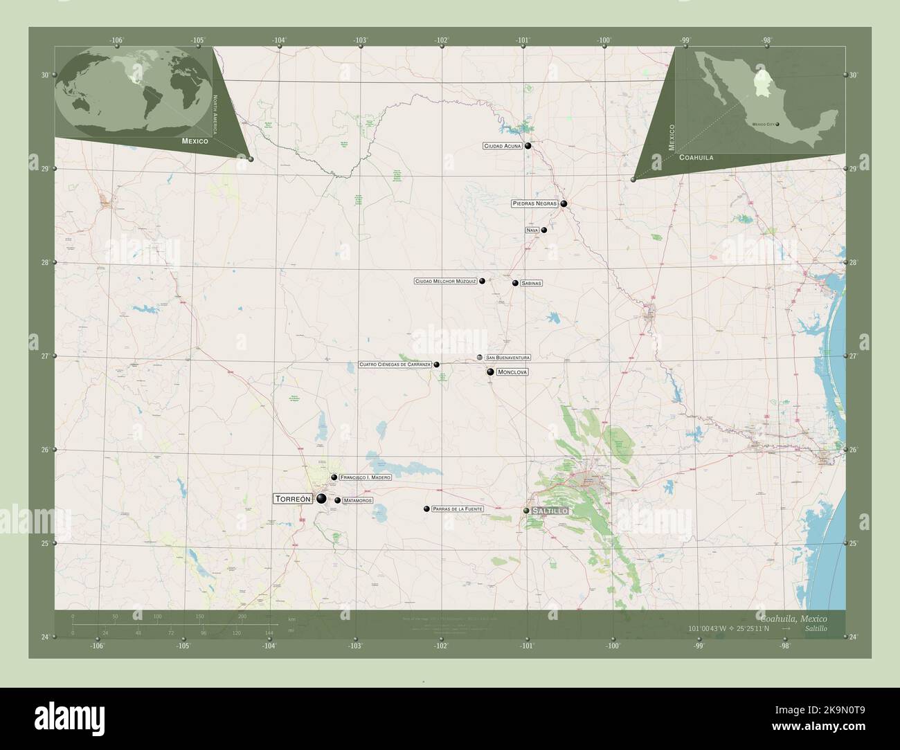 Coahuila, state of Mexico. Open Street Map. Locations and names of ...
