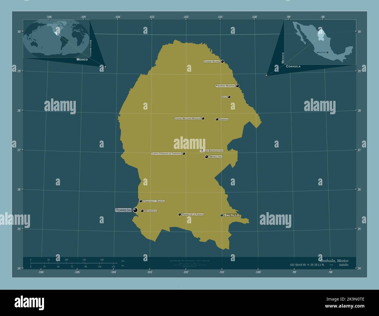 Coahuila, state of Mexico. Solid color shape. Locations and names of ...