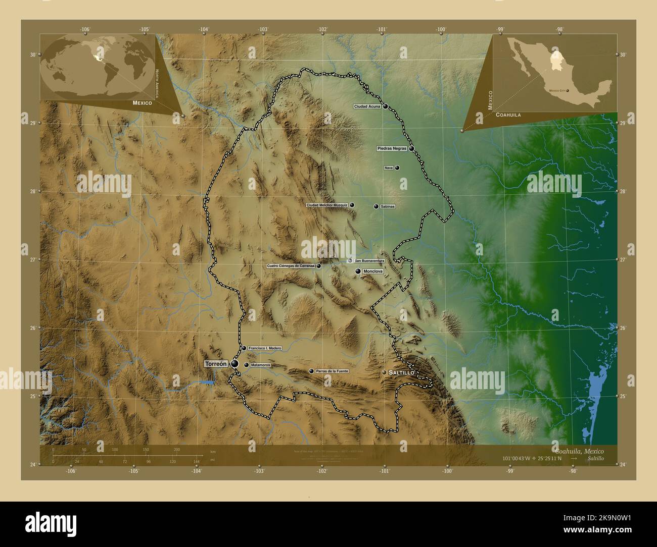 Coahuila, state of Mexico. Colored elevation map with lakes and rivers ...