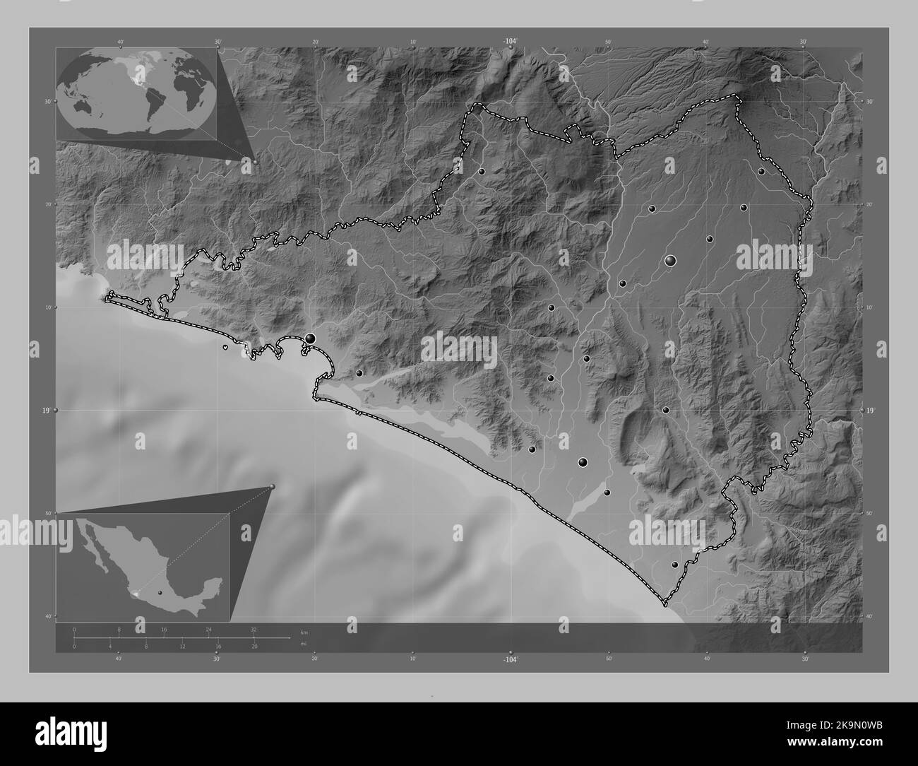 Colima, state of Mexico. Grayscale elevation map with lakes and rivers ...