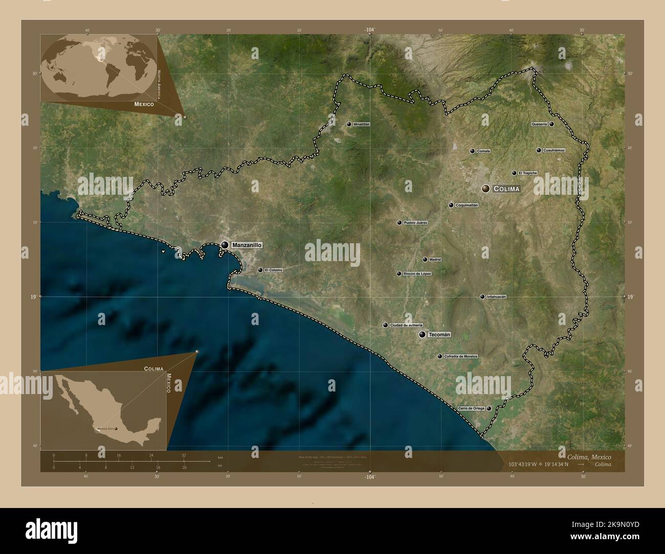 Colima, state of Mexico. Low resolution satellite map. Locations and ...