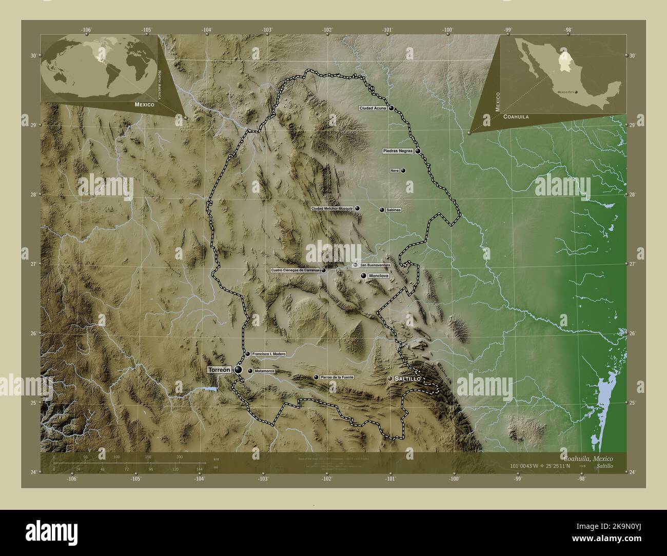 Coahuila, state of Mexico. Elevation map colored in wiki style with ...