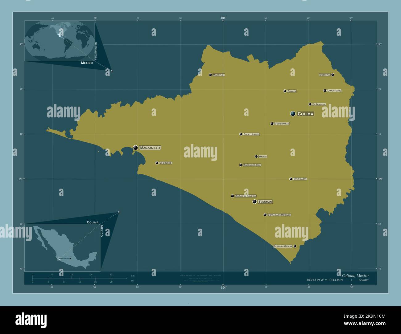 Colima, state of Mexico. Solid color shape. Locations and names of ...
