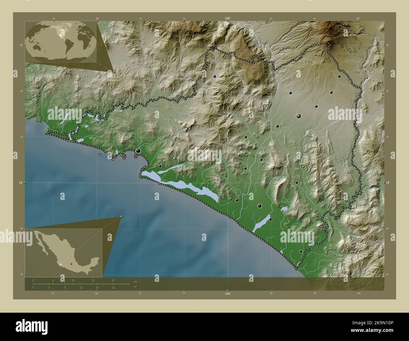 Colima, state of Mexico. Elevation map colored in wiki style with lakes ...