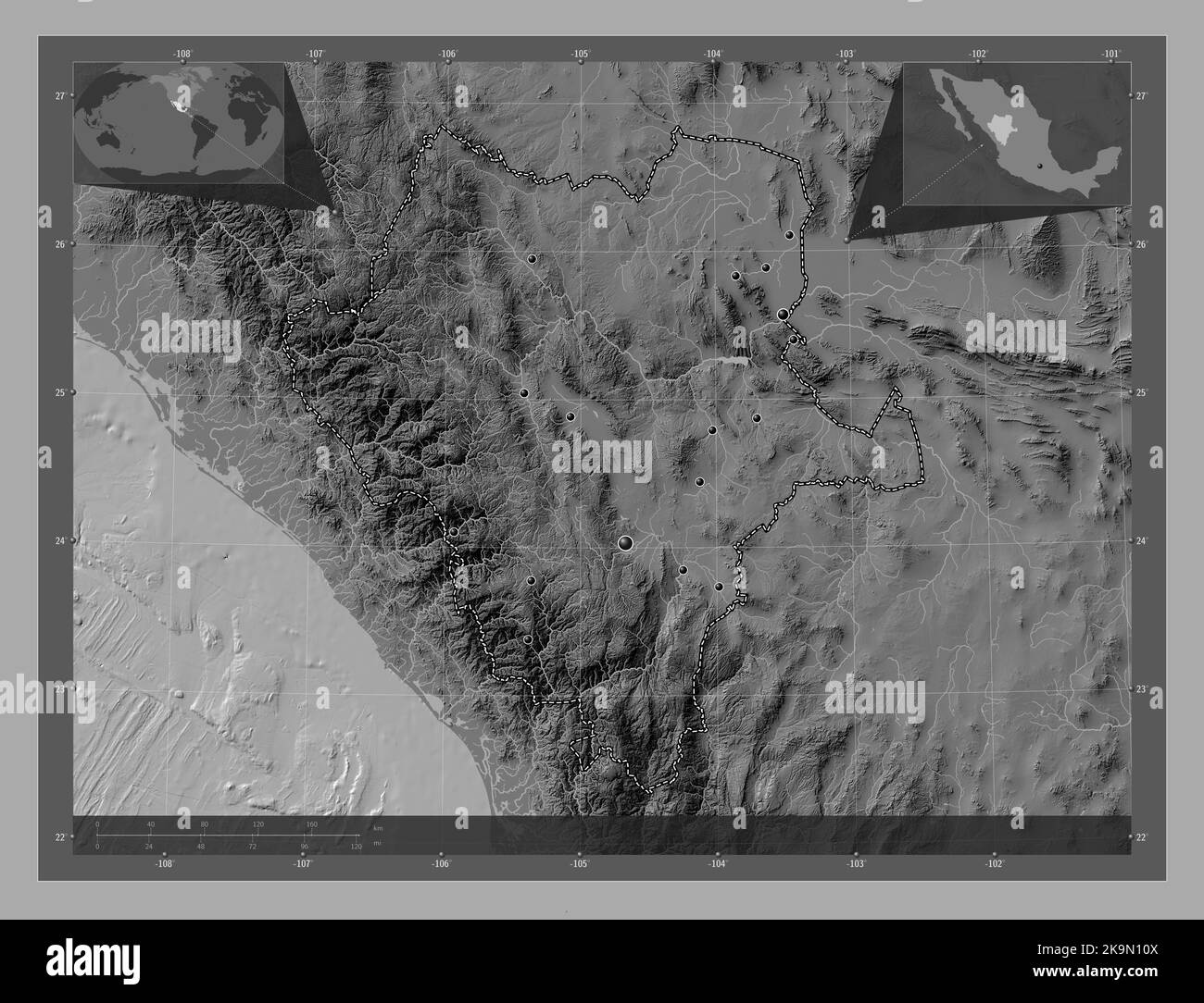 Durango, state of Mexico. Bilevel elevation map with lakes and rivers ...