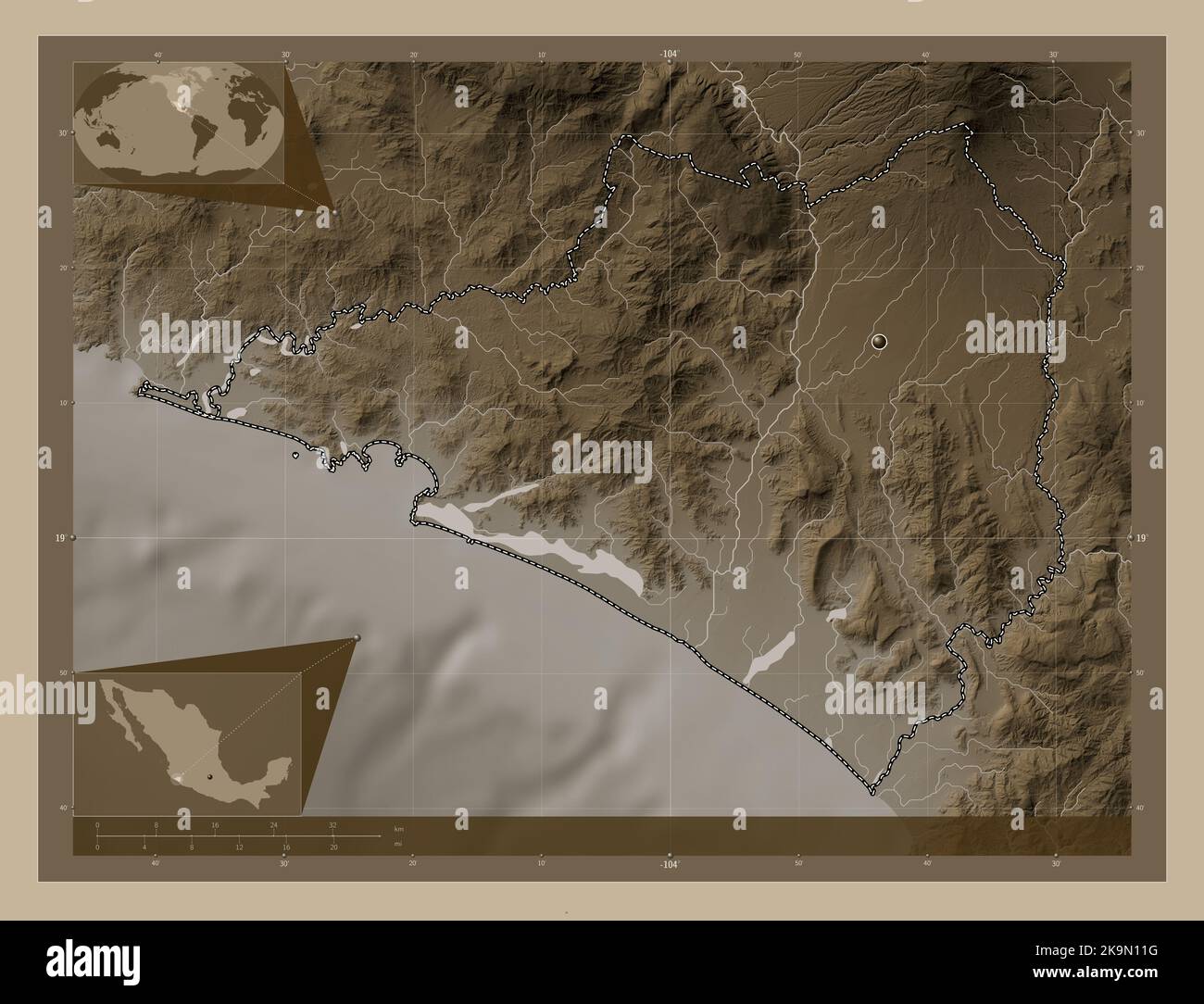 Colima, state of Mexico. Elevation map colored in sepia tones with ...