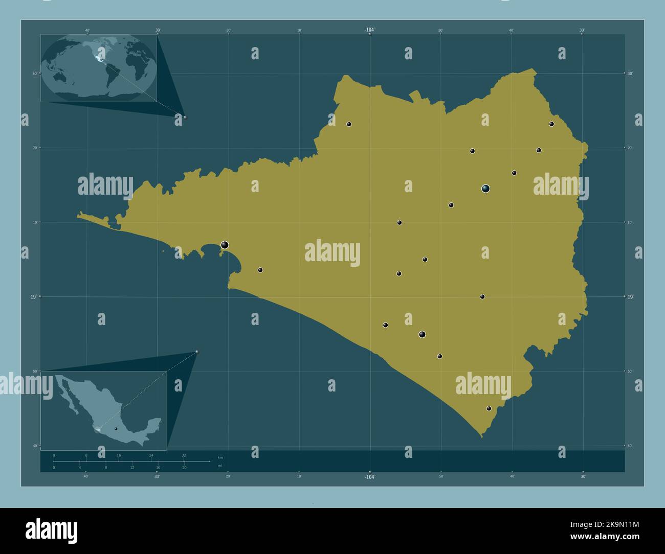 Colima, state of Mexico. Solid color shape. Locations of major cities ...