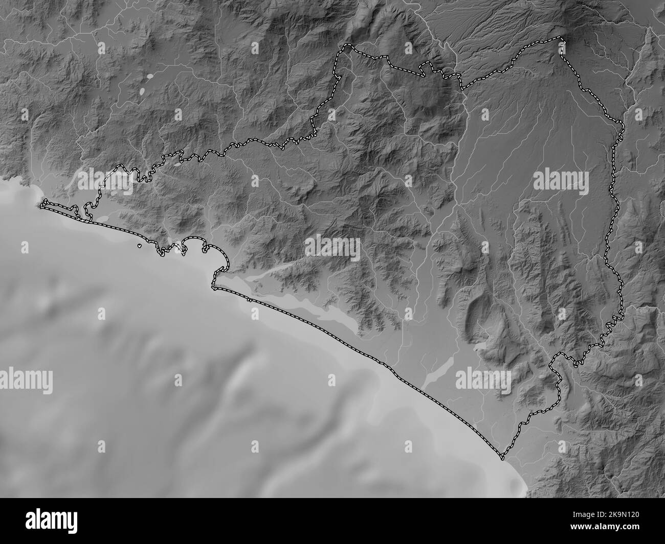 Colima, state of Mexico. Grayscale elevation map with lakes and rivers ...