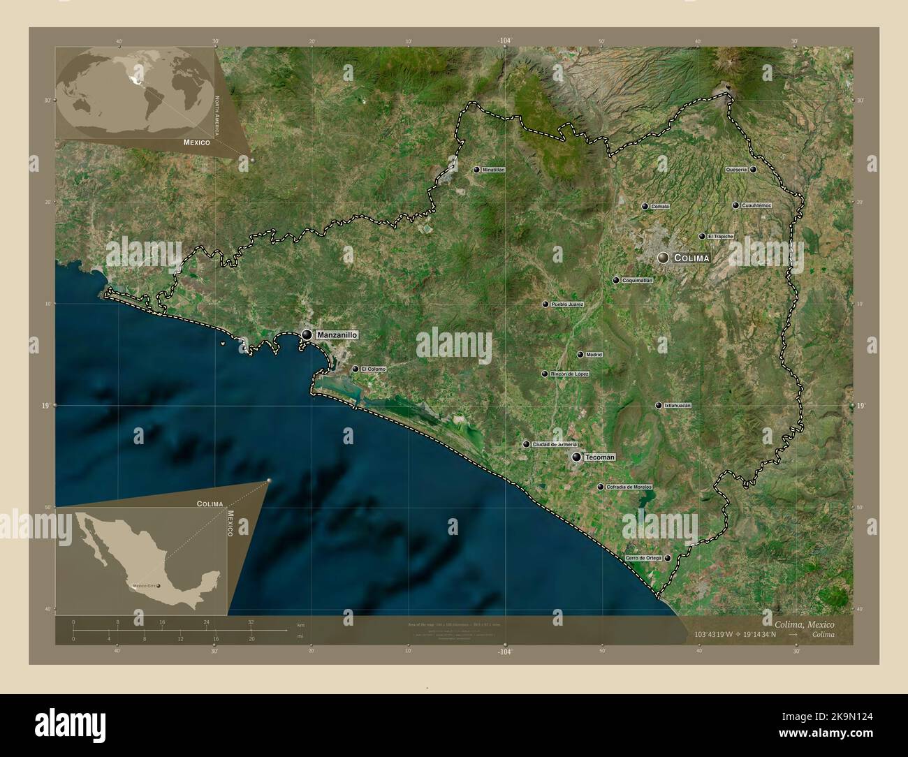 Colima, state of Mexico. High resolution satellite map. Locations and ...