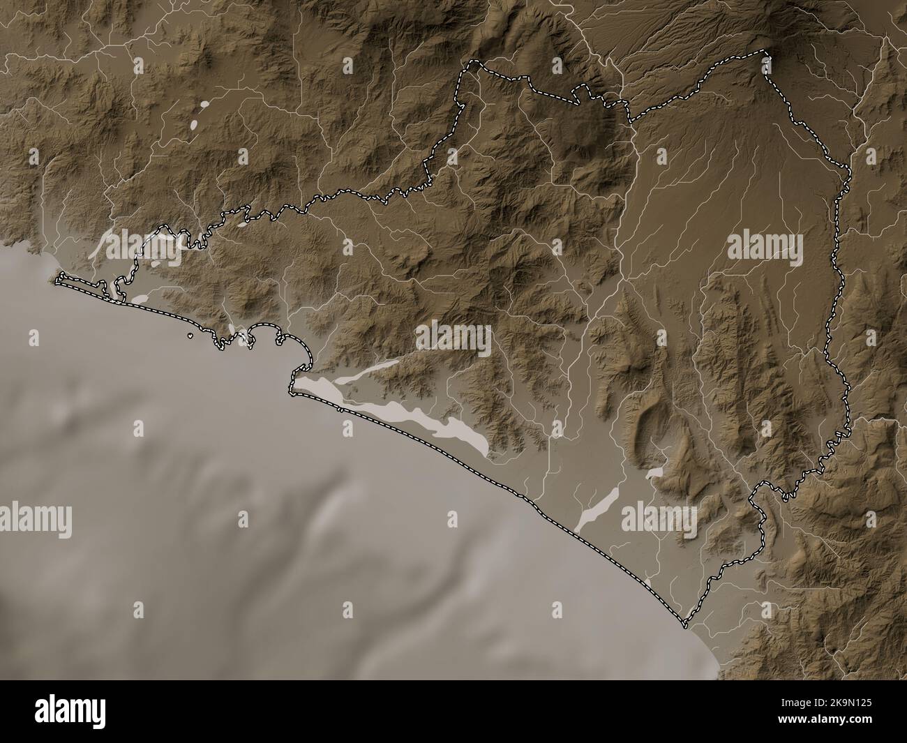 Colima, state of Mexico. Elevation map colored in sepia tones with ...