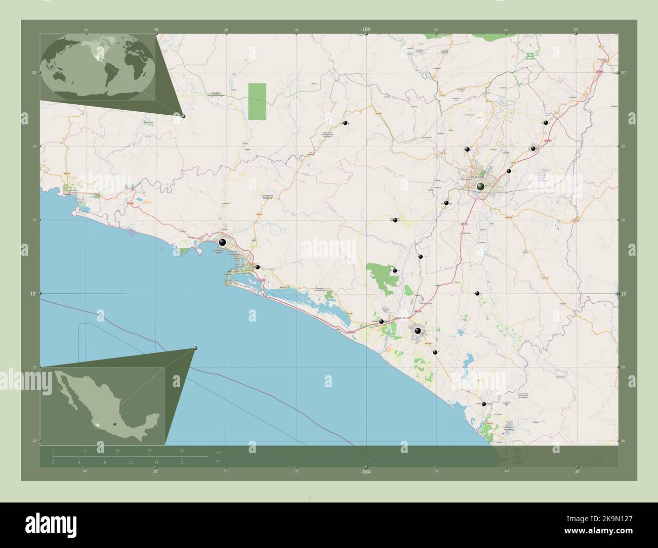 Colima, state of Mexico. Open Street Map. Locations of major cities of ...