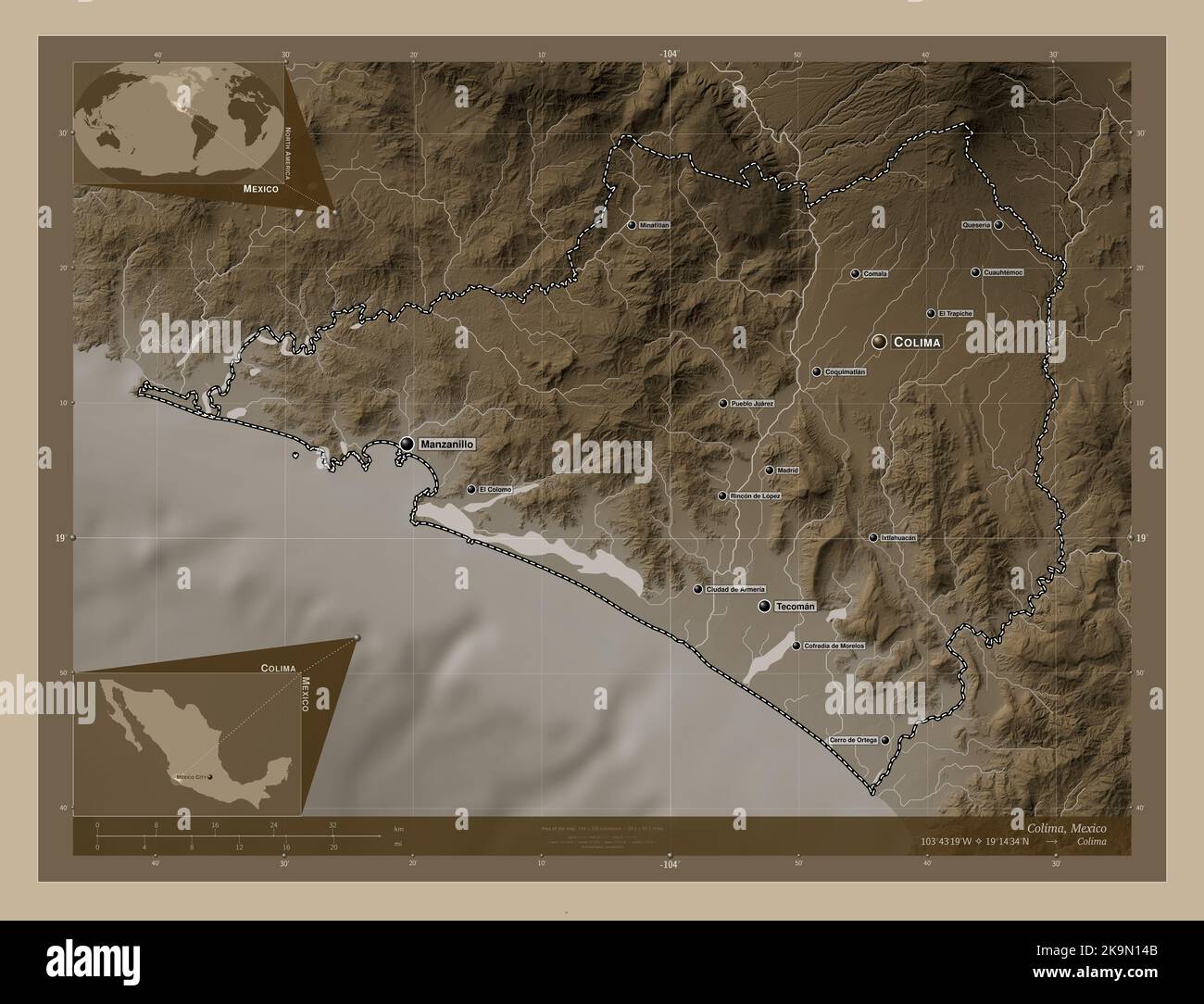 Colima, state of Mexico. Elevation map colored in sepia tones with ...