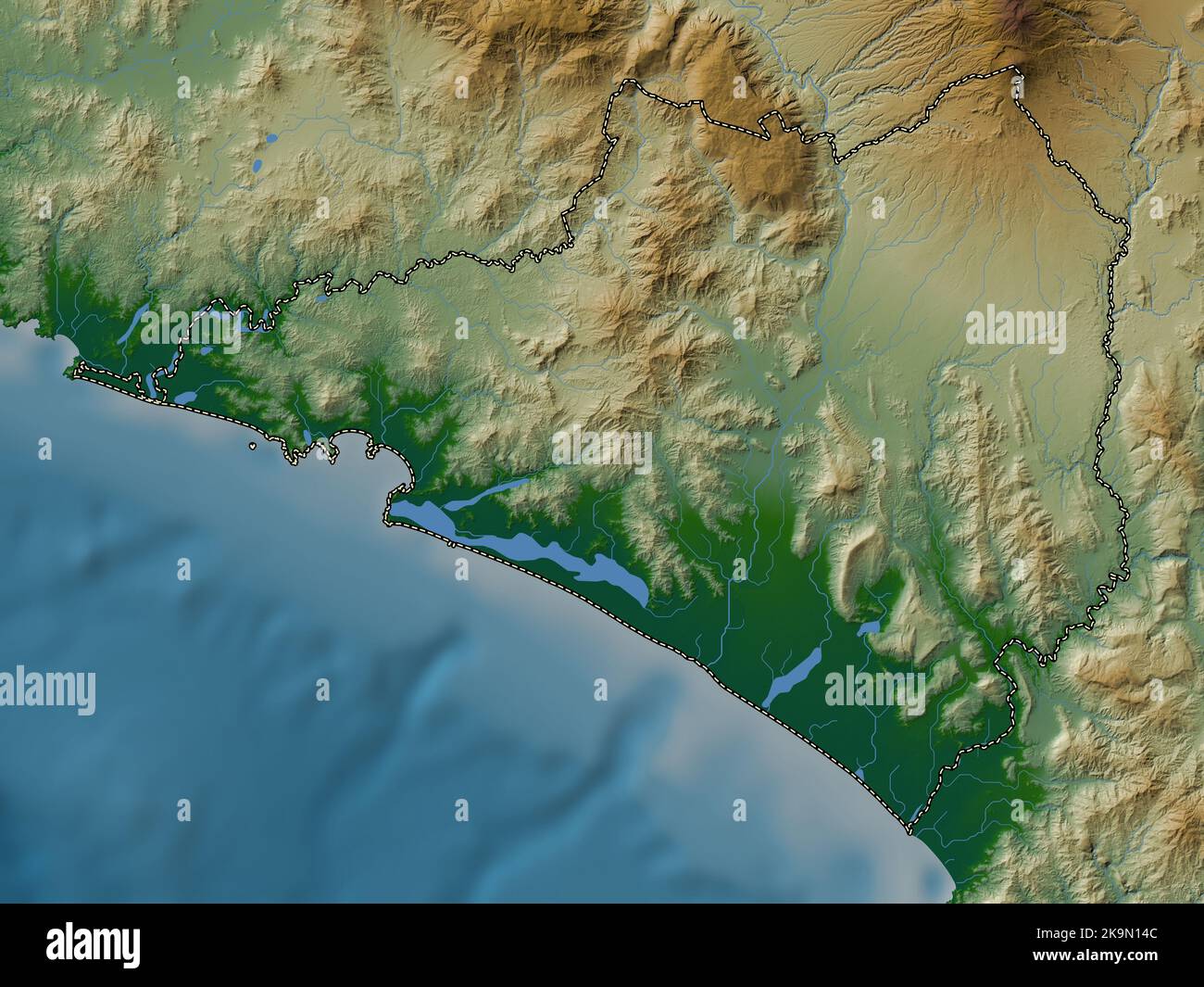 Colima, state of Mexico. Colored elevation map with lakes and rivers ...
