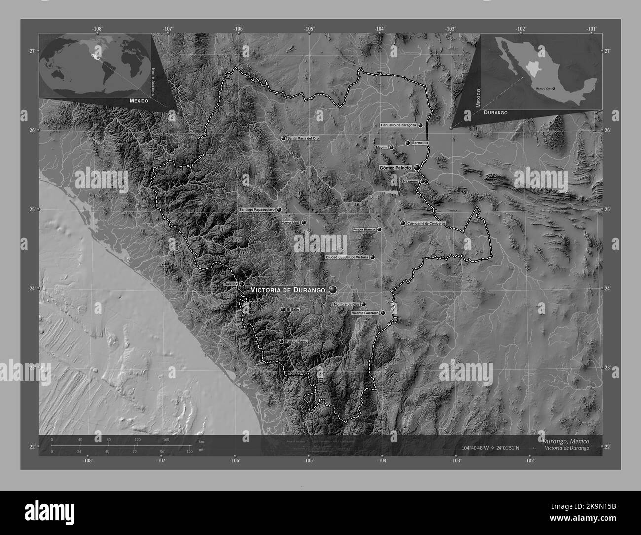 Durango, state of Mexico. Bilevel elevation map with lakes and rivers ...