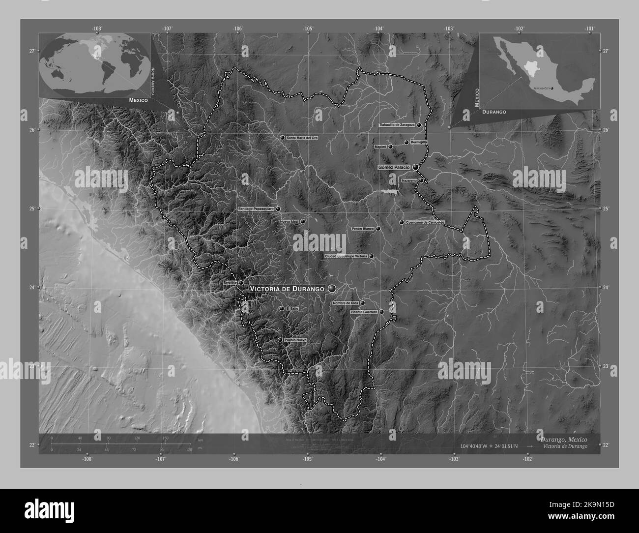 Durango, state of Mexico. Grayscale elevation map with lakes and rivers ...