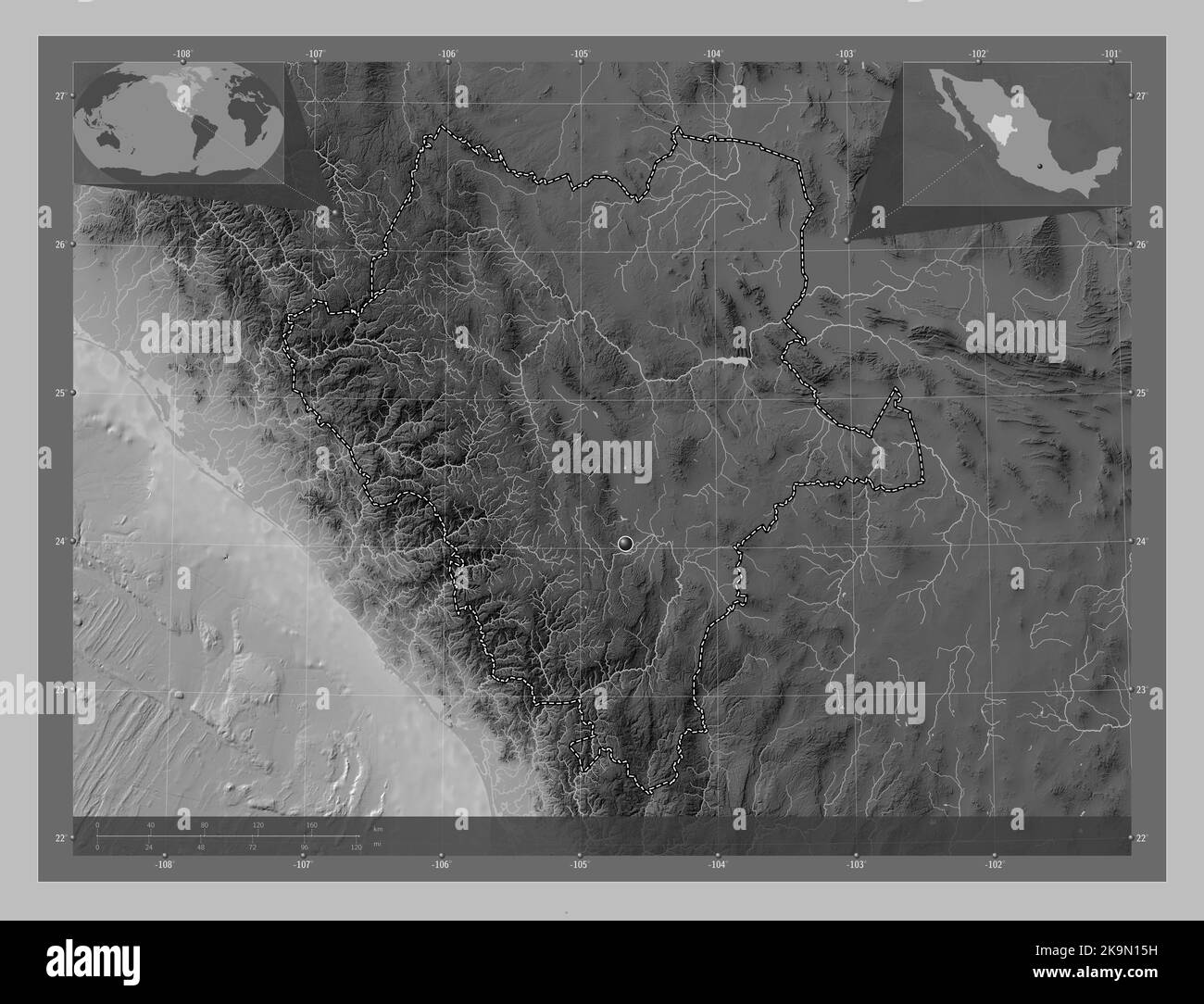 Durango, state of Mexico. Grayscale elevation map with lakes and rivers ...