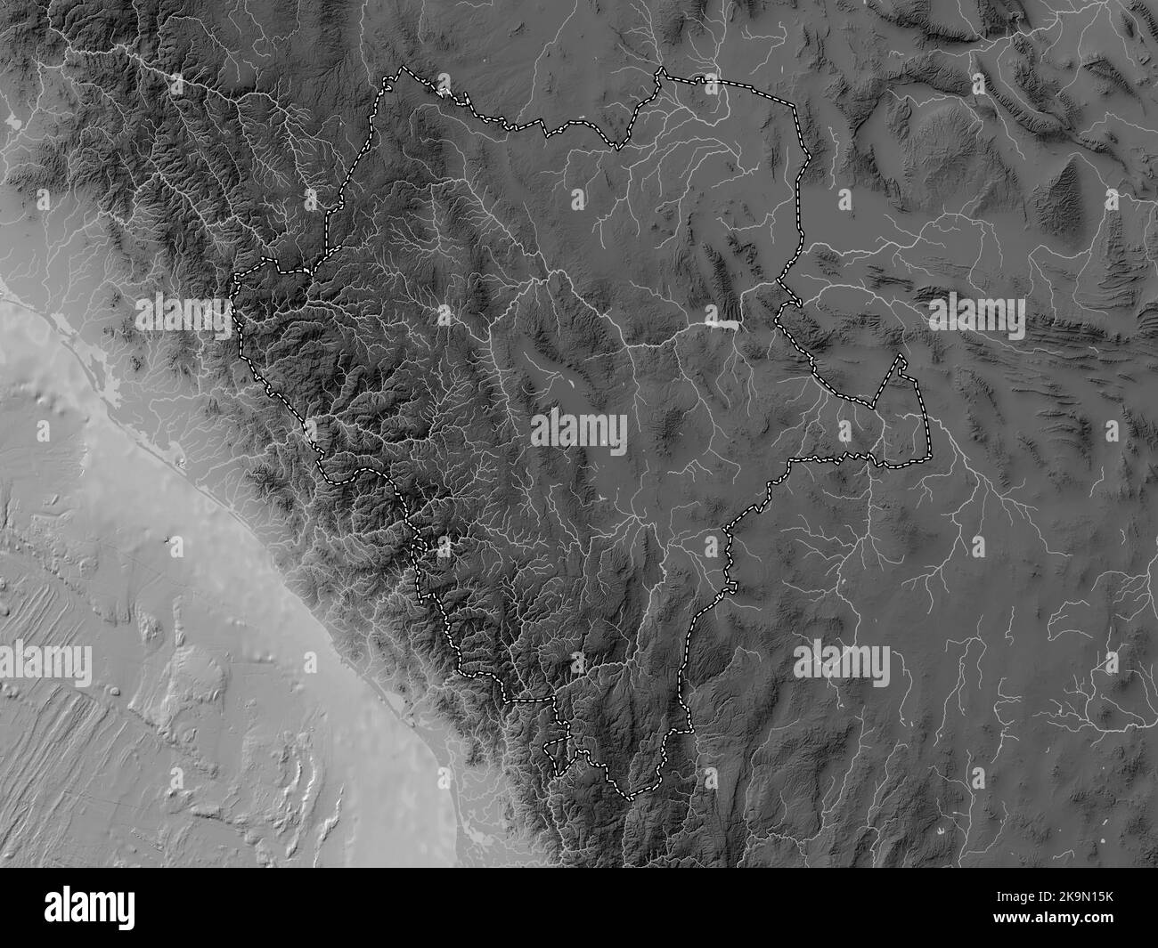 Durango, state of Mexico. Grayscale elevation map with lakes and rivers ...