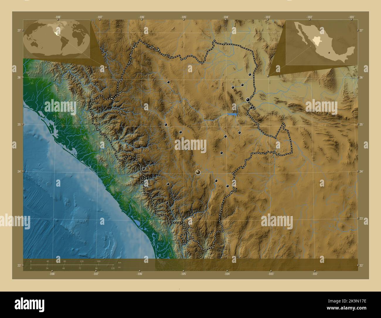 Durango, state of Mexico. Colored elevation map with lakes and rivers ...